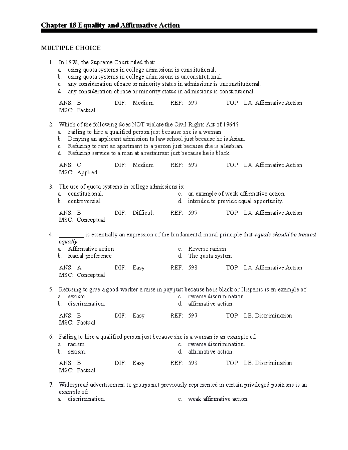 Ch18 - Equality & Affirmative Action - Chapter 18 Equality and ...
