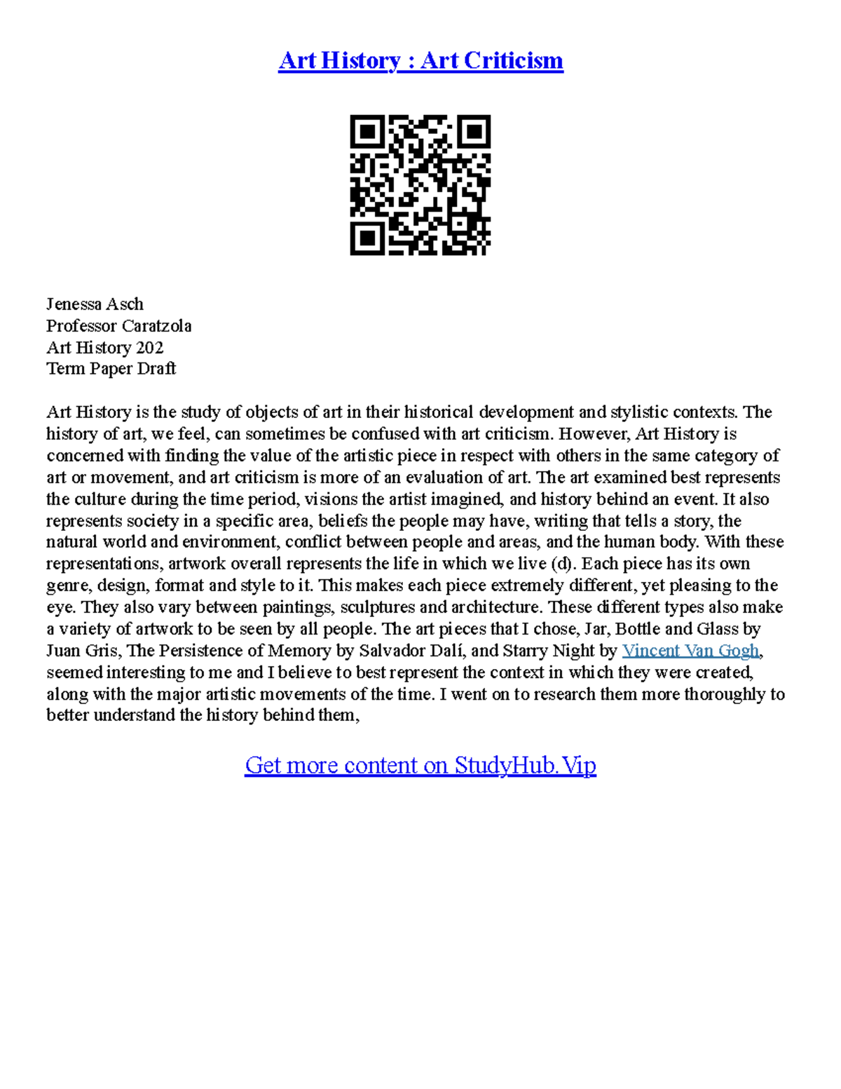 Art Criticism Essay - Art History : Art Criticism Jenessa Asch ...