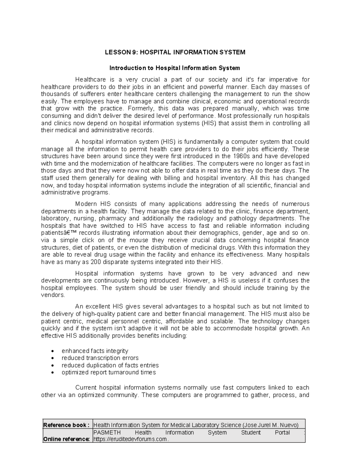 Lesson 9 Hospital Information System - Reference book : Health ...