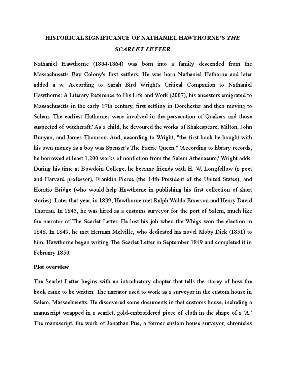 Historical Significance OF Nathaniel Hawthorne’S THE Scarlet Letter ...