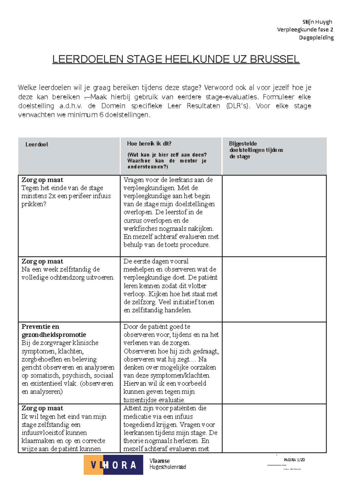 Leerdoelen stage heelkunde UZ Brussel - Stijn Huygh Verpleegkunde fase ...