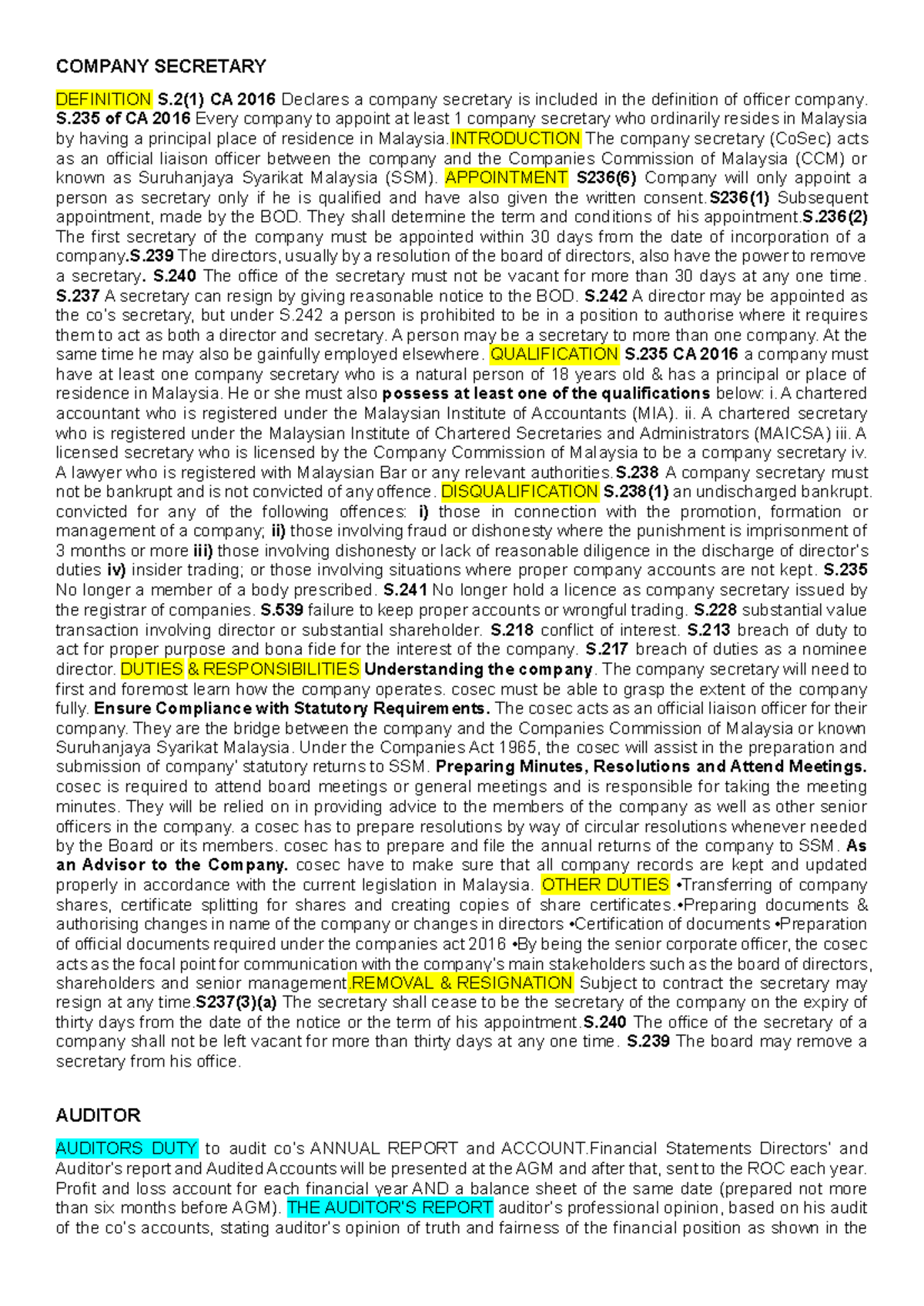 Cheat Sheet - notes for director, auditor and cosec - COMPANY SECRETARY ...