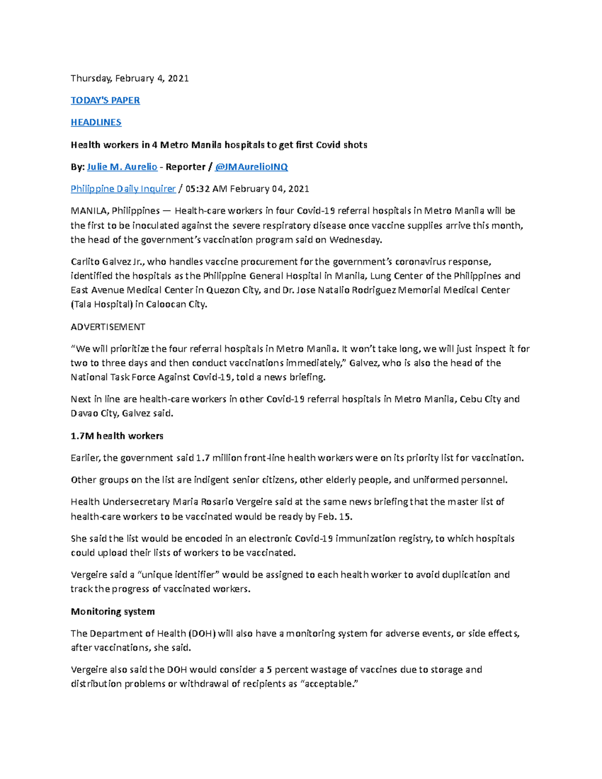 Sample news - Thursday, February 4, 2021 TODAY'S PAPER HEADLINES Health ...