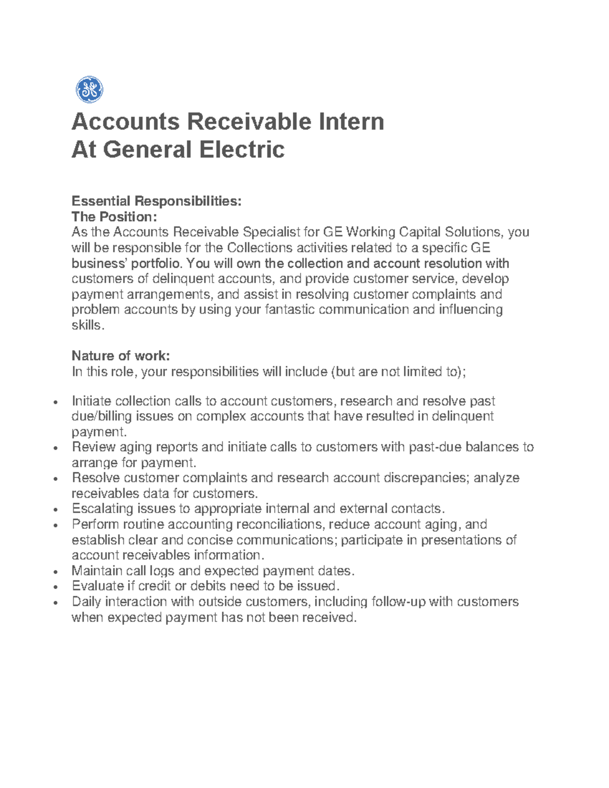 Accounts Receivable Intern - GE - Accounts Receivable Intern At General ...