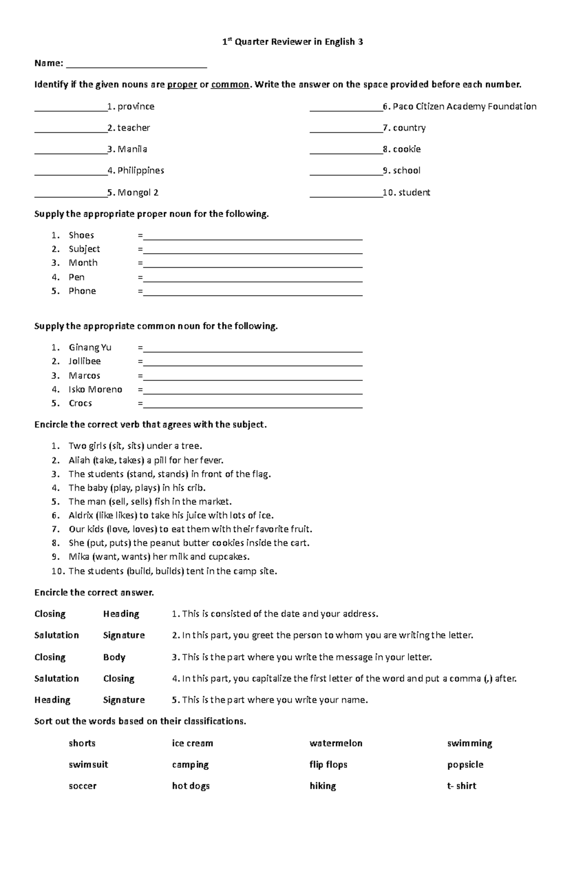 English 3 - activity - 1 st Quarter Reviewer in English 3 Name