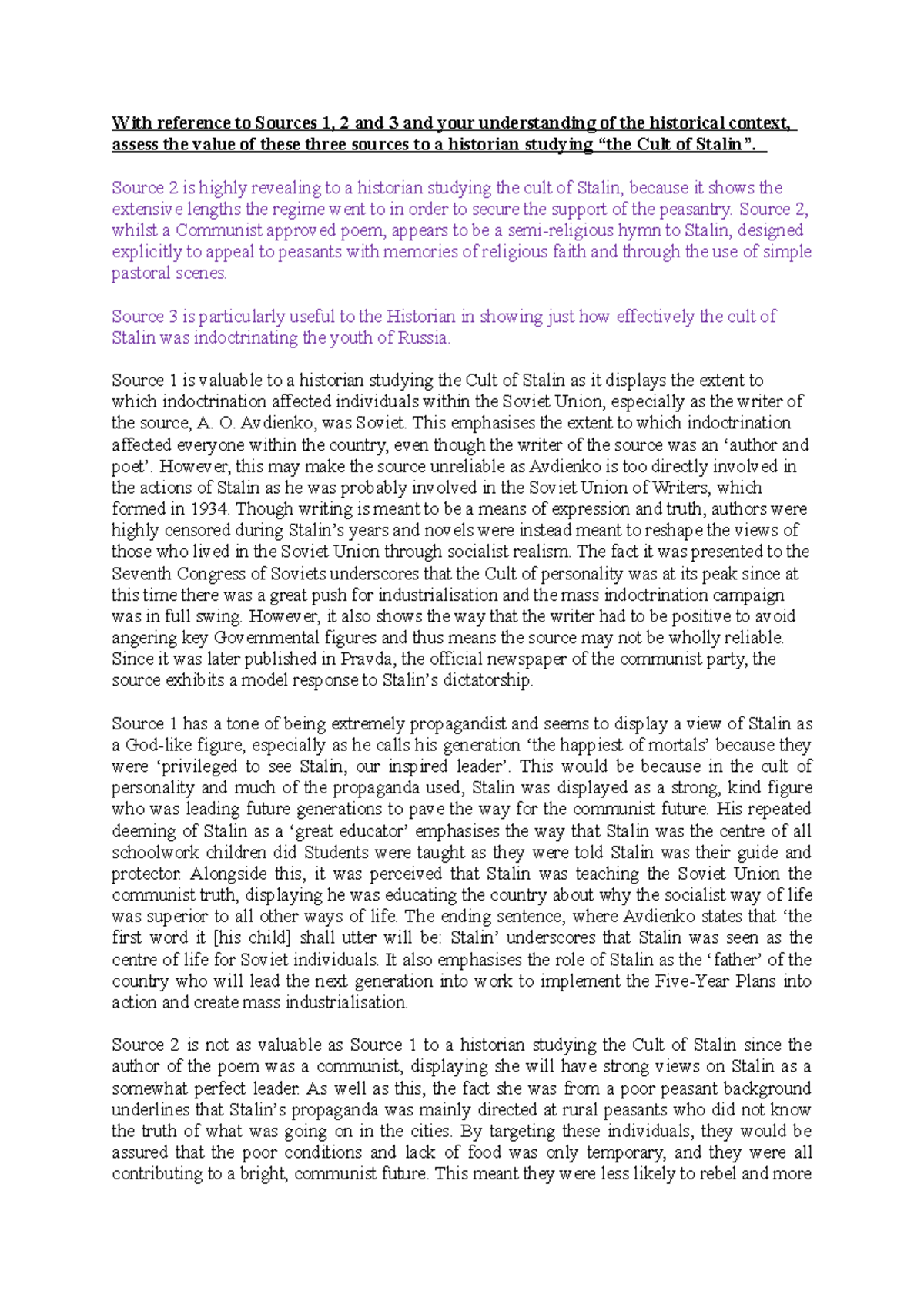 Cult of Stalin sources - With reference to Sources 1, 2 and 3 and your ...