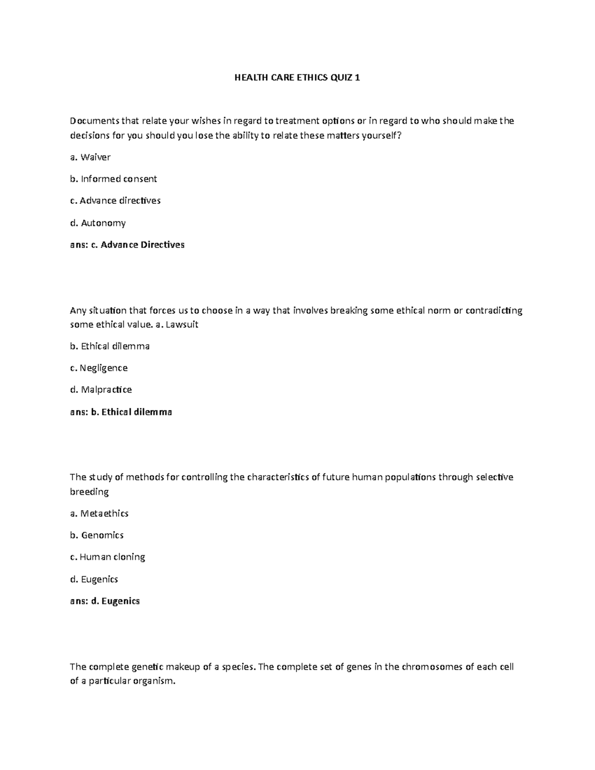 HE QUIZ 1 - notes - HEALTH CARE ETHICS QUIZ 1 Documents that relate ...