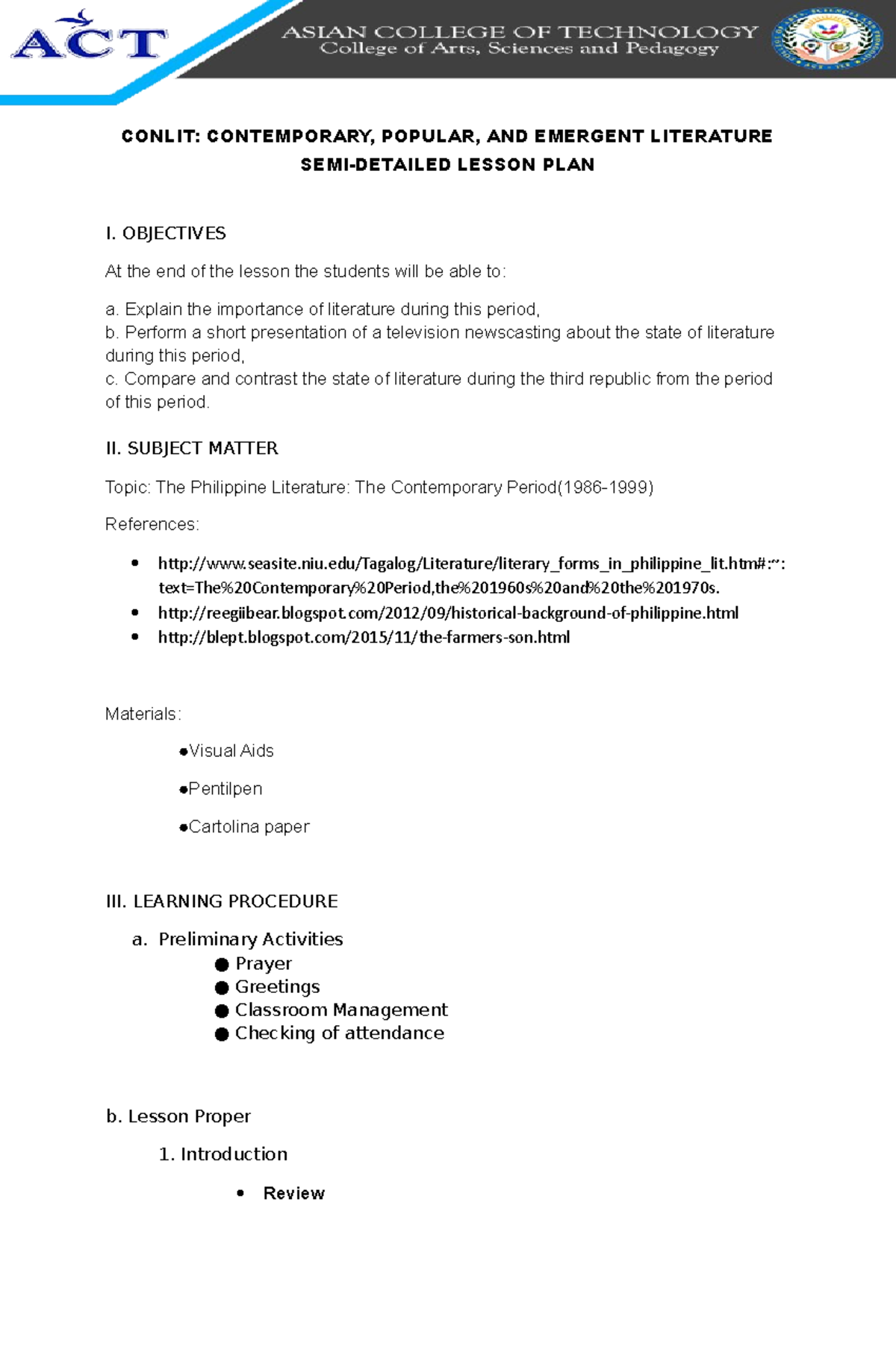 Conlit Lesson plan real2222 - CONLIT: CONTEMPORARY, POPULAR, AND ...