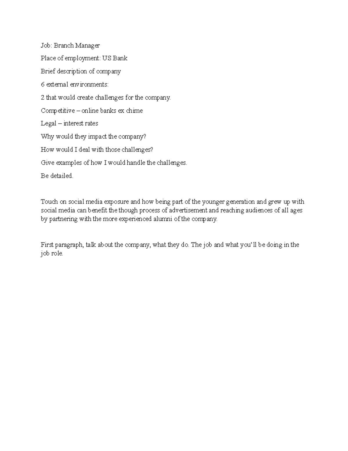 Intro To Bus, Scenario 1 notes - Job: Branch Manager Place of ...