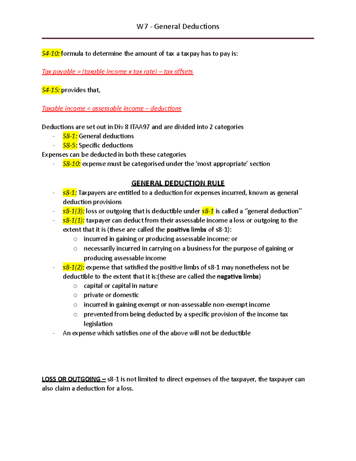 W7 - General Deductions - W7 - General Deductions S4-10: formula to ...