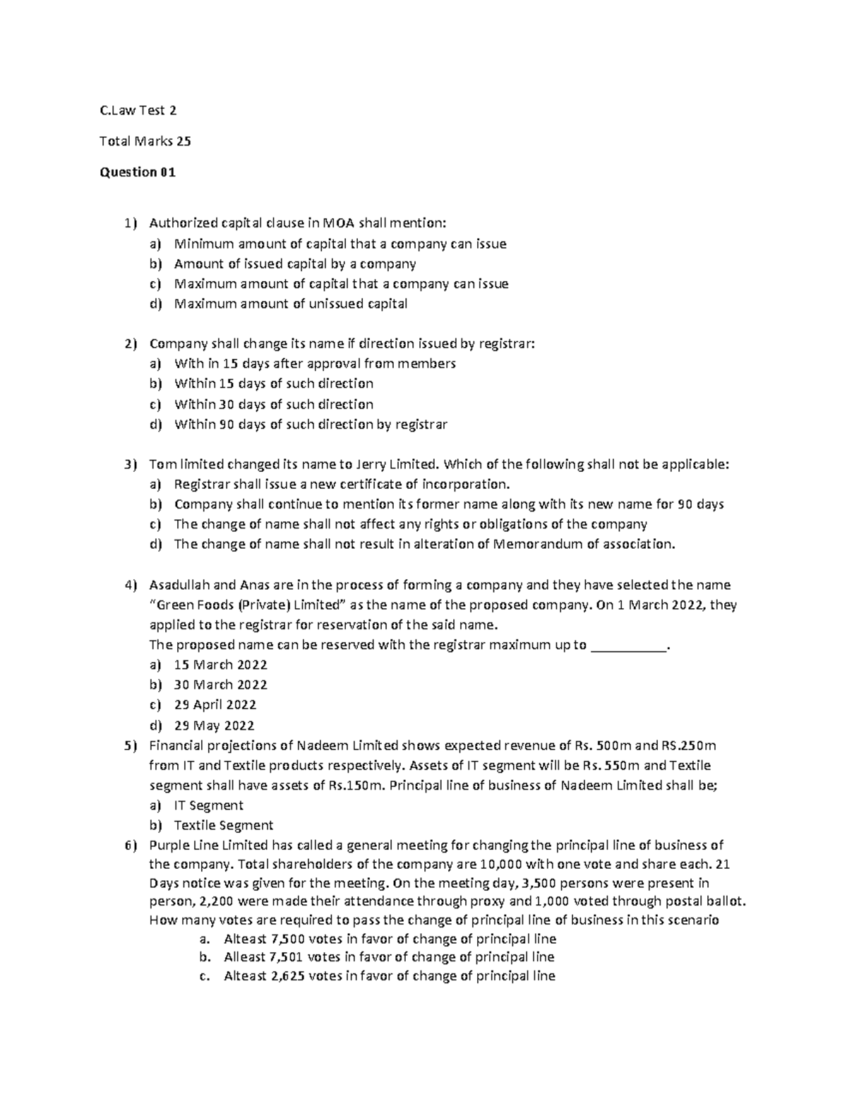 Questions 1 - practice - C Test 2 Total Marks 25 Question 01 Authorized ...