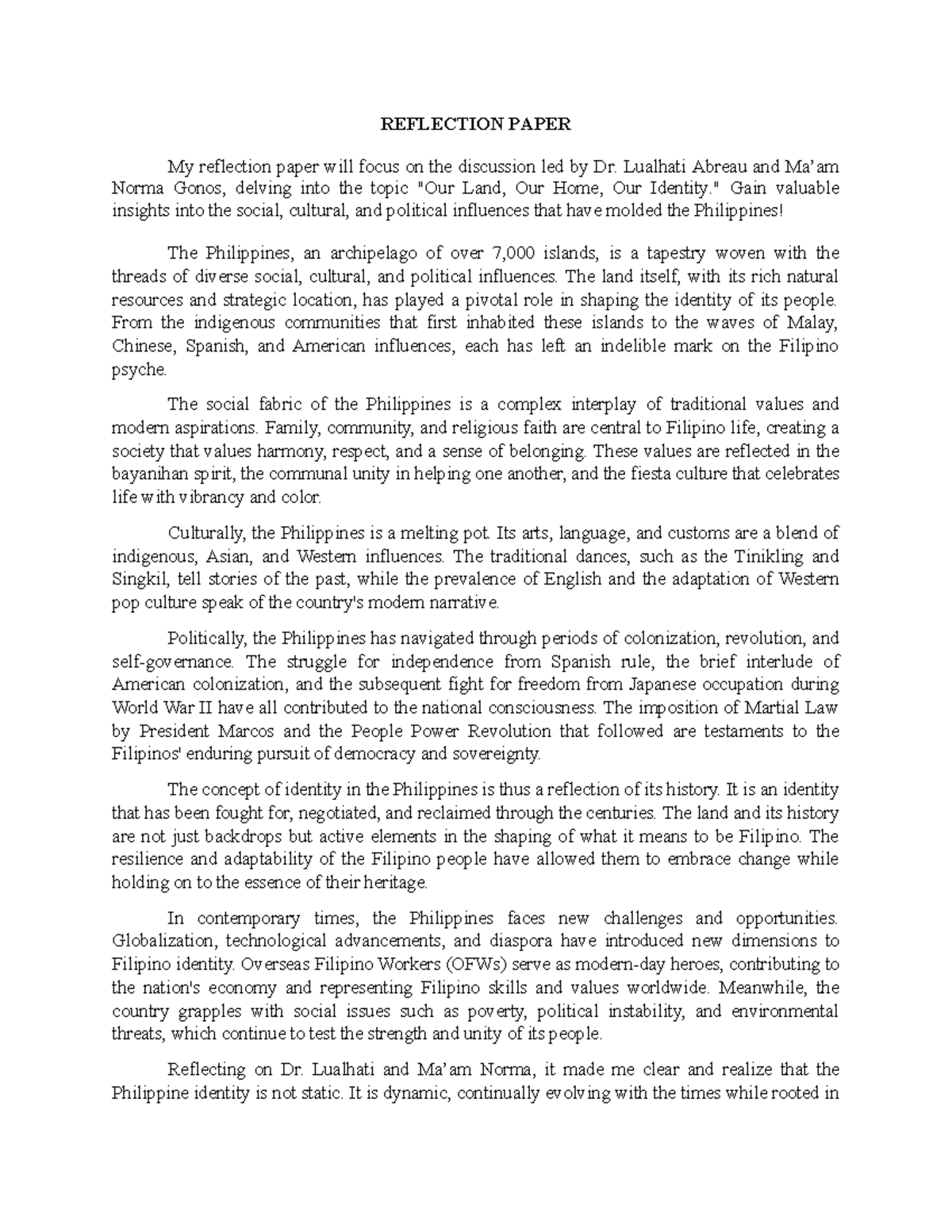 Reflection Paper - Our Land, Our Home, Our Identity - REFLECTION PAPER ...