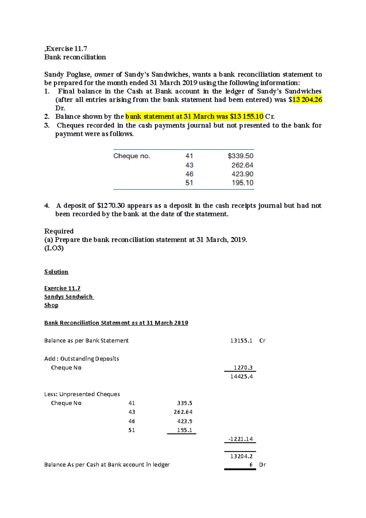 Bank Reconciliation Additional Questions with Solutions Revised ...