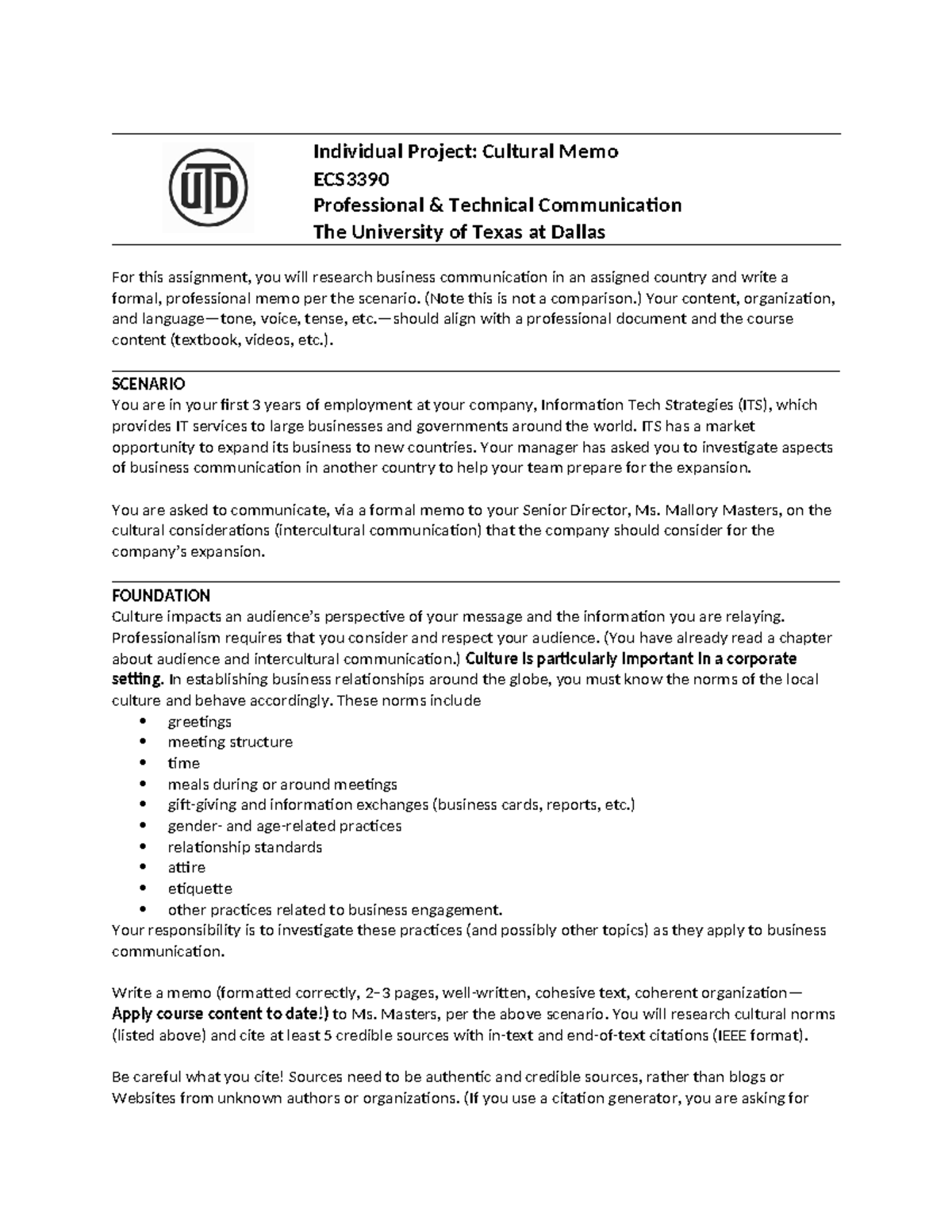 3390 Cultural Memo - Individual Project: Cultural Memo ECS Professional ...