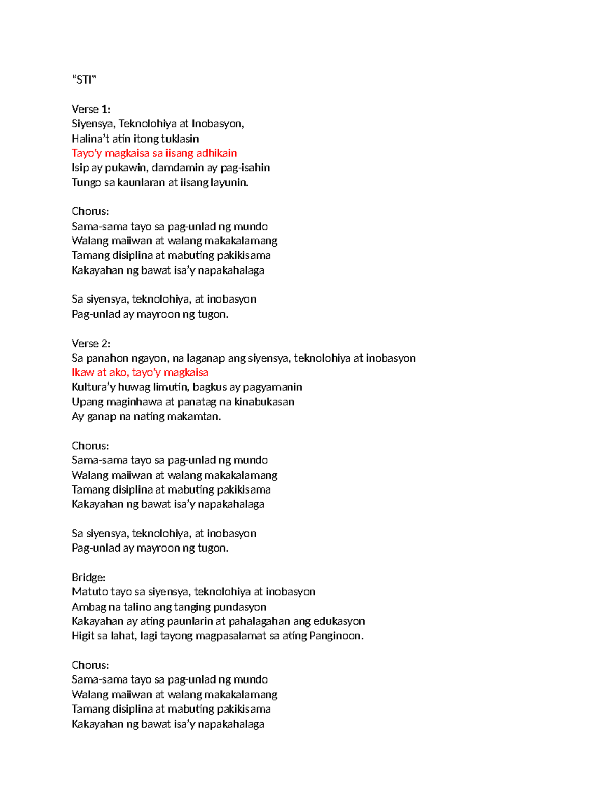 STI - Songs Science Innovation - “STI" Verse 1: Siyensya, Teknolohiya ...