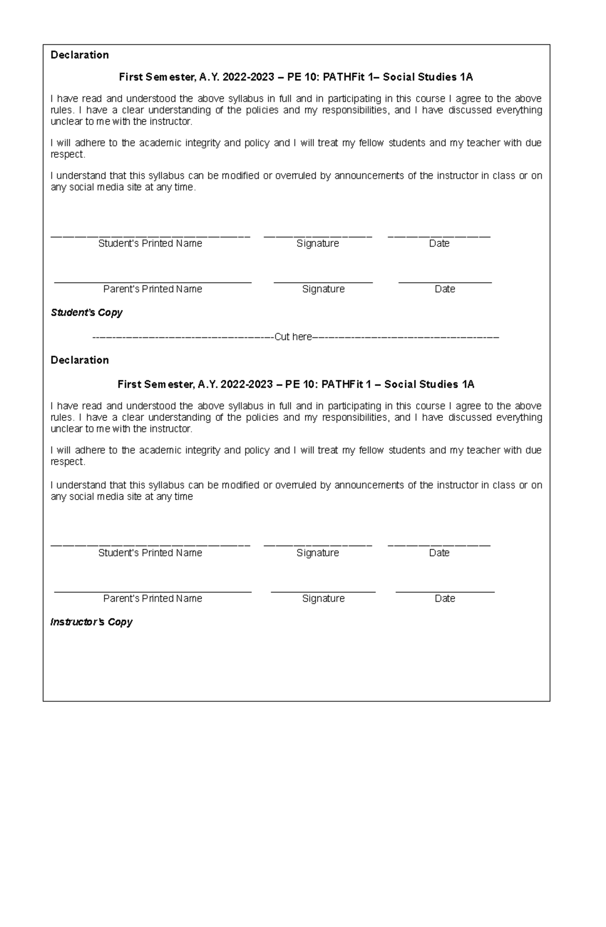 Declaration Part Of Syllabus Declaration First Semester A 2022 2023 Pe 10 Pathfit 1
