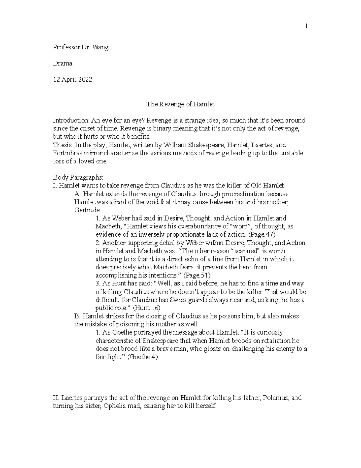 The Revenge of Hamlet Detailed MLA Outline - ENG 212 - University of ...