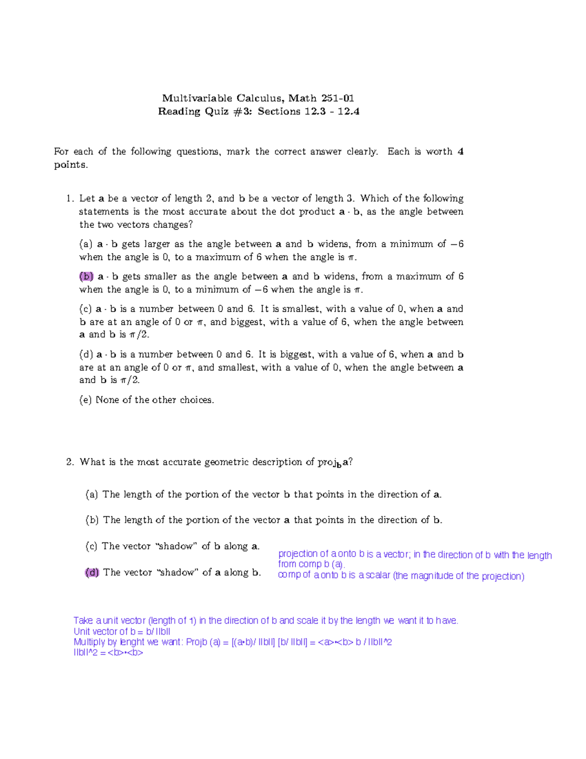 Reading Quiz 12.3 - 12.4 - Multivariable Calculus, Math 251- Reading ...