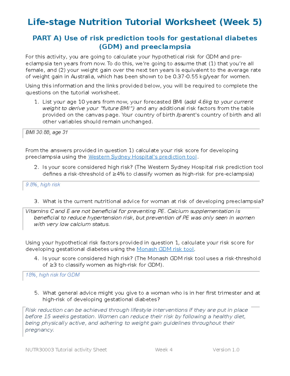 NUTR30003 Tutorial worksheet (Week 5) - PART A) Use of risk prediction ...