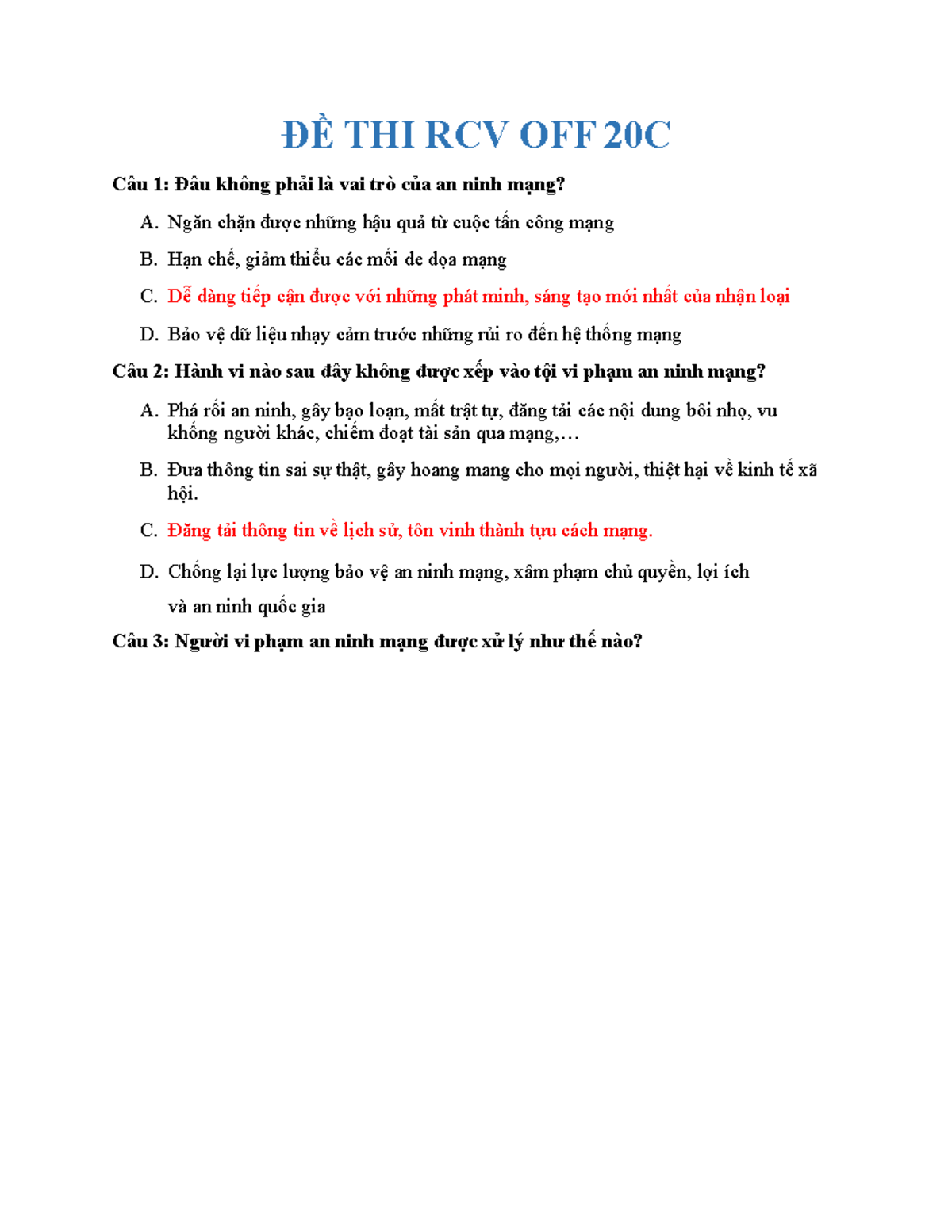 Anning Mang - Tài liệu ôn tập an ninh mạng - ĐỀ THI RCV OFF 20C Câu 1 ...
