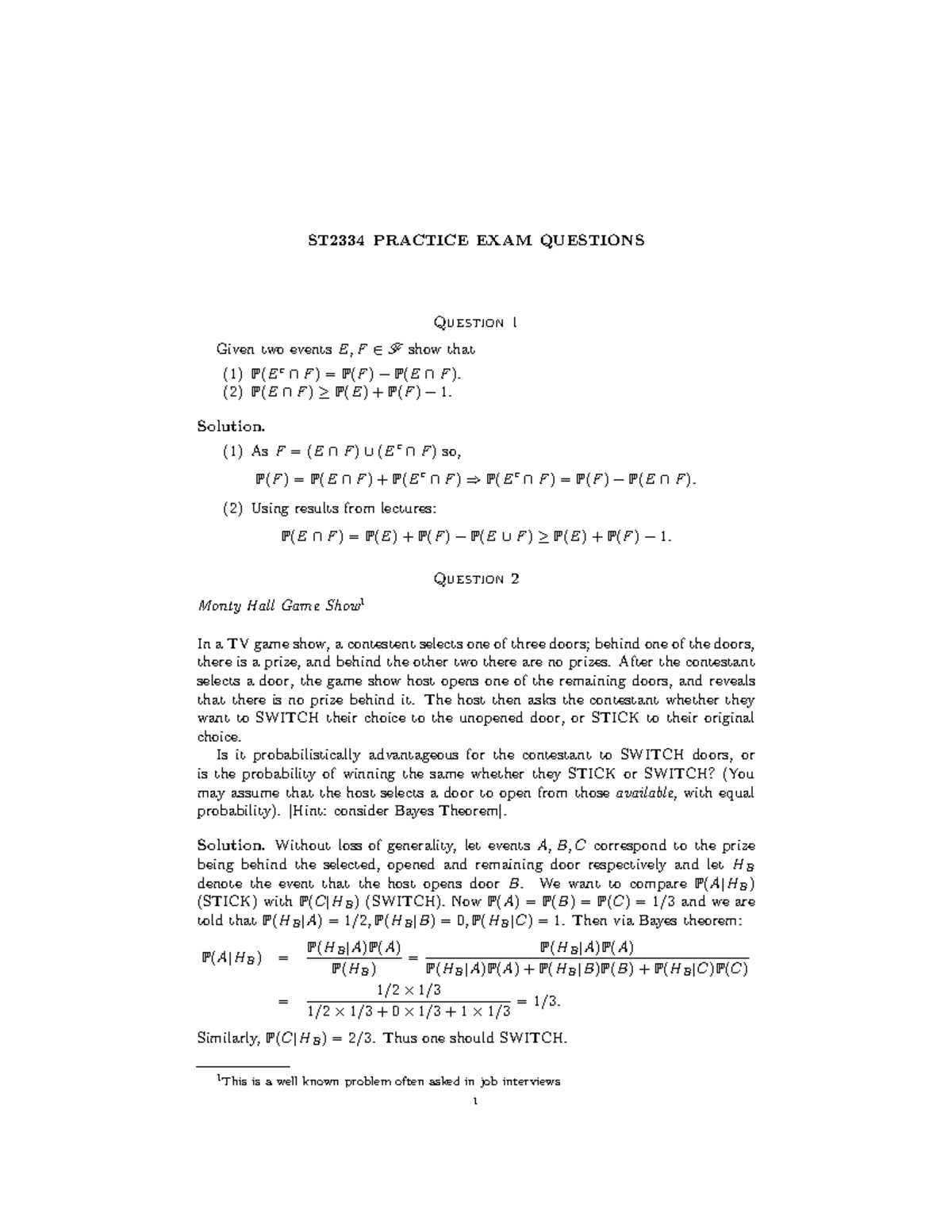 Exam practice - Lect notes - ST2334 PRACTICE EXAM QUESTIONS Question 1 ...