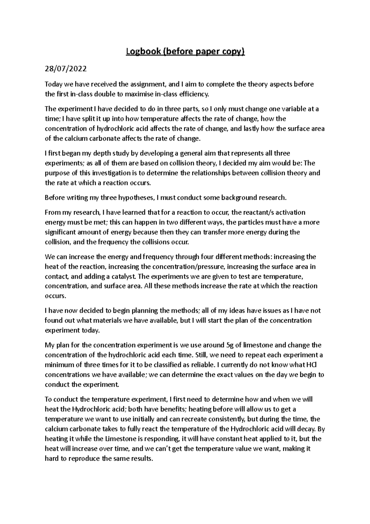 Year 11 Collision Theory Log Book - Logbook (before paper copy) 28/07 ...