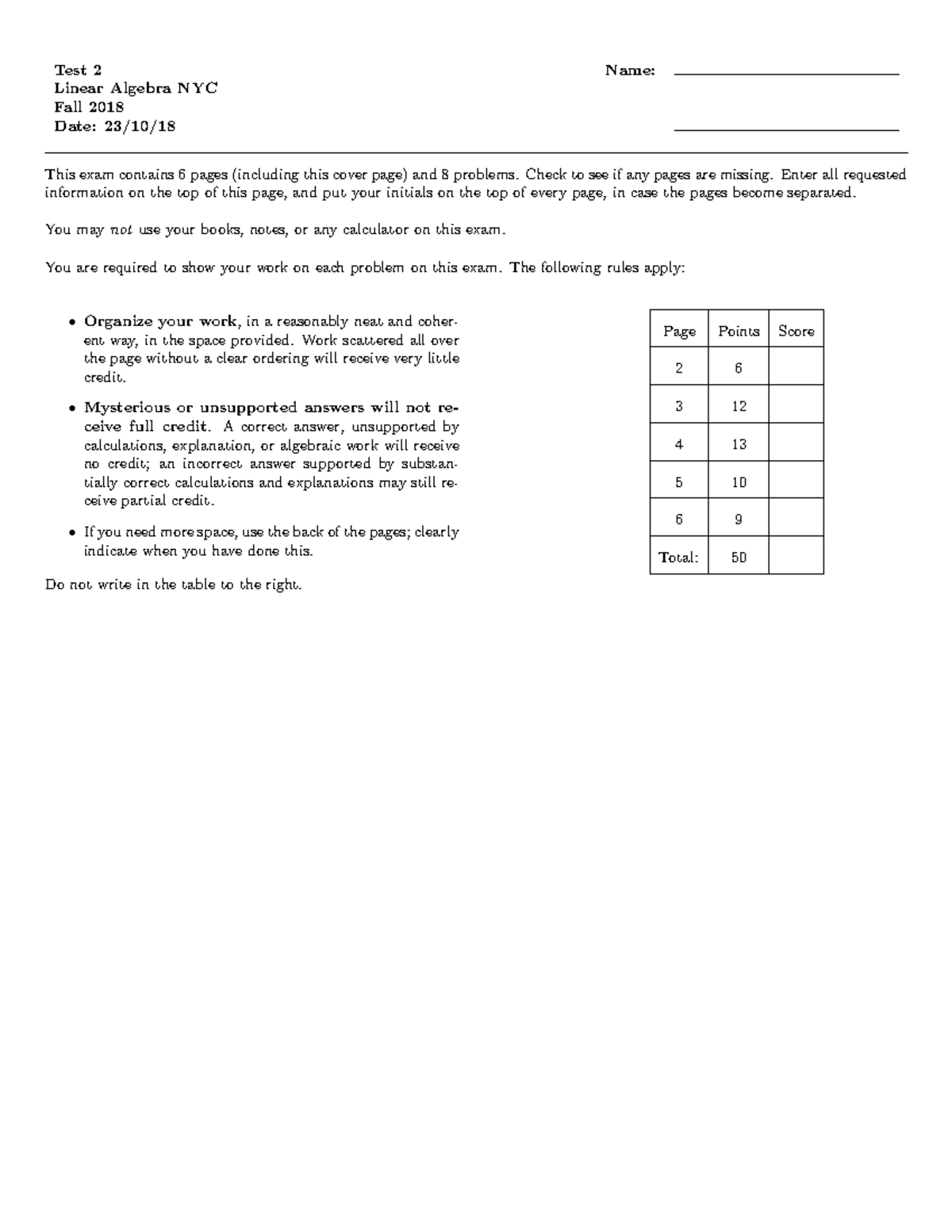 NYCF19Sample Test 2a - practice exam - Test 2 Name: Linear Algebra NYC ...