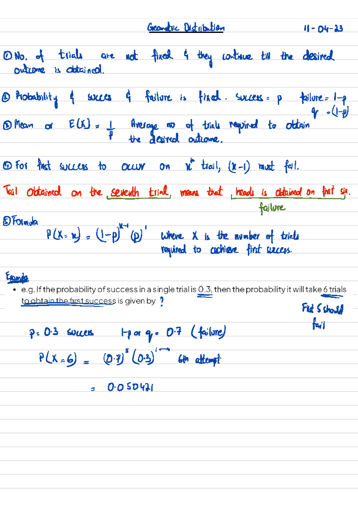 Geometric Distribution - of trials are not fixed 4 they continue till ...