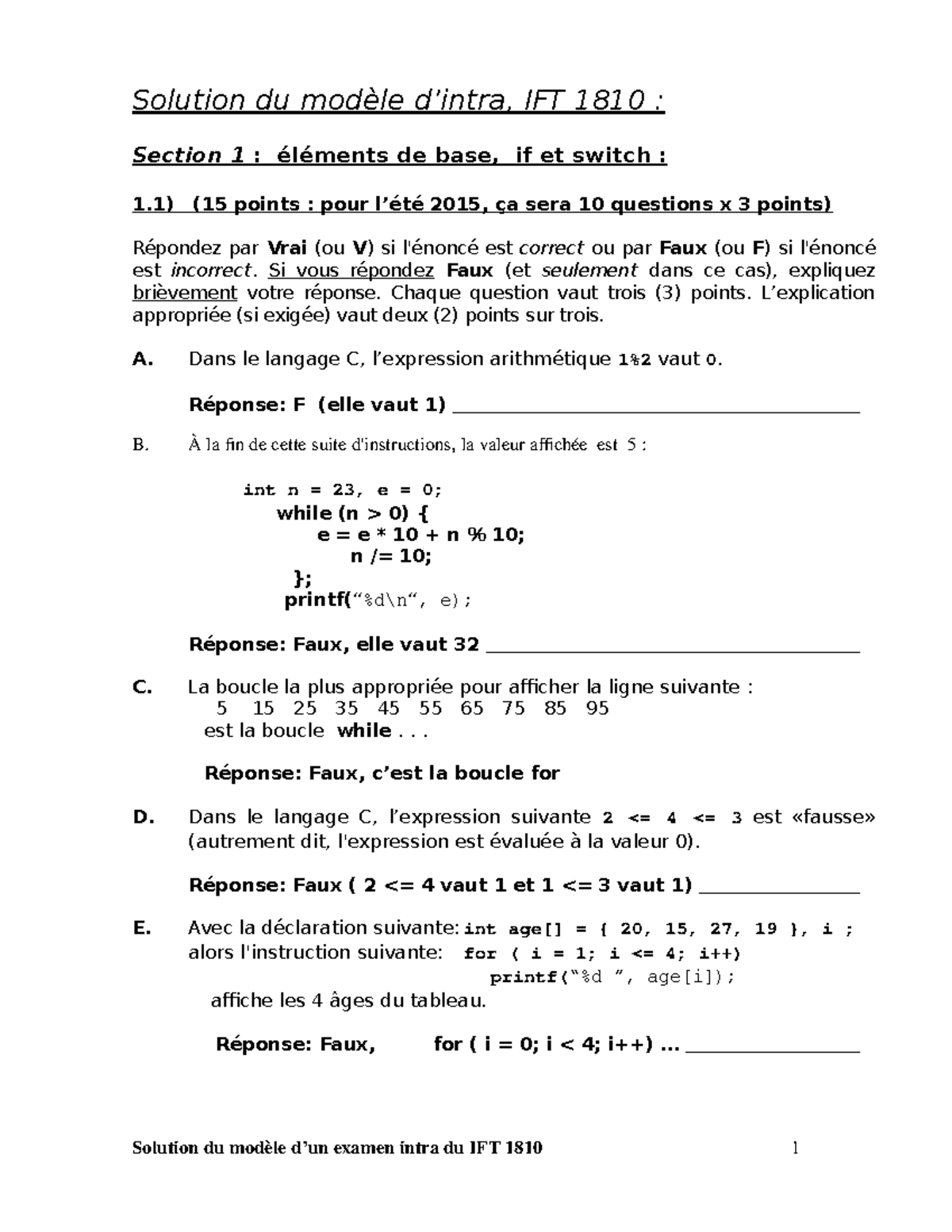 Mod int 1810 sol - Solution du modèle d’intra, IFT 1810 : Section 1 ...
