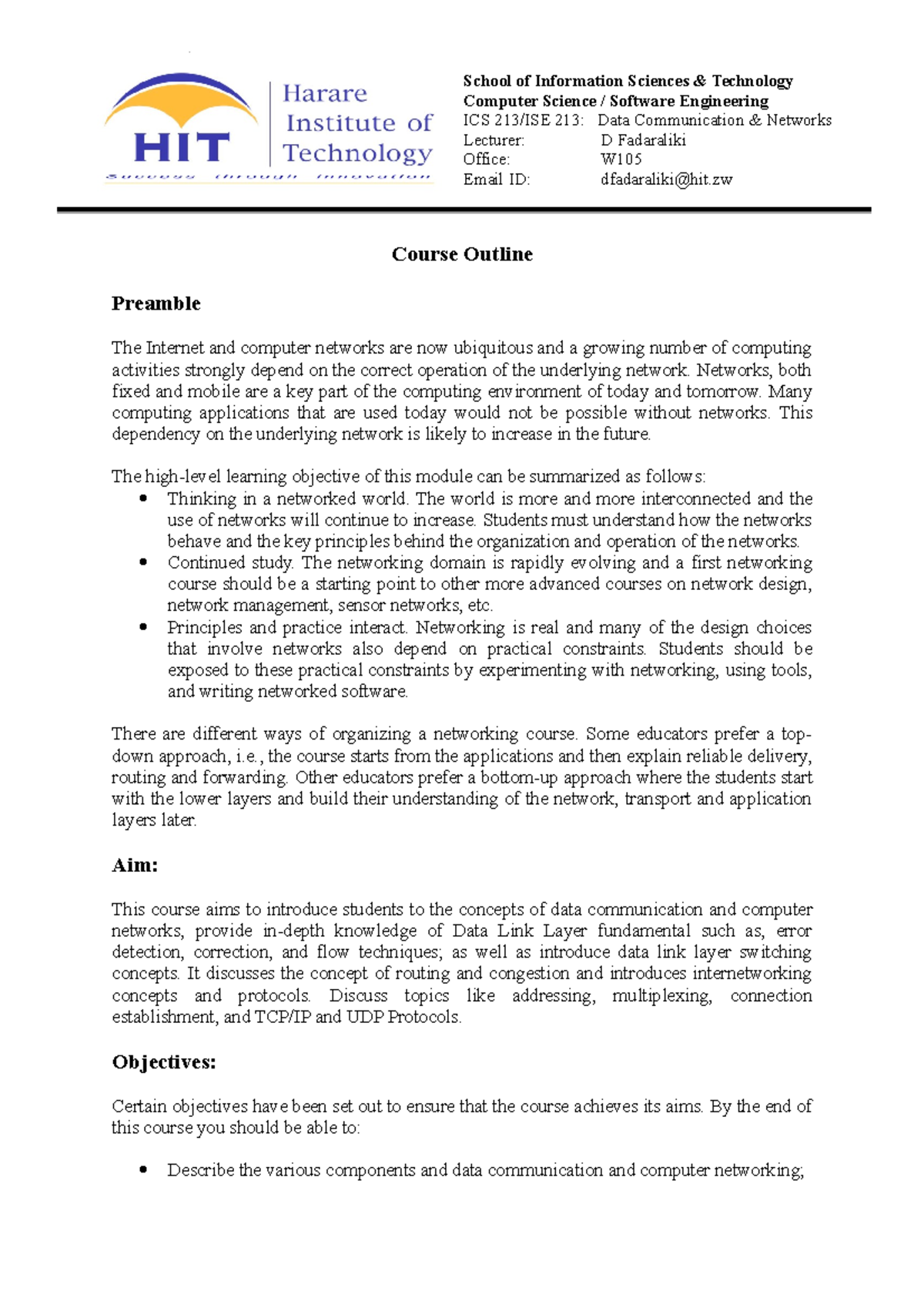 ICS 213 Course Outline - STUDY MATERIAL - Course Outline Preamble The ...