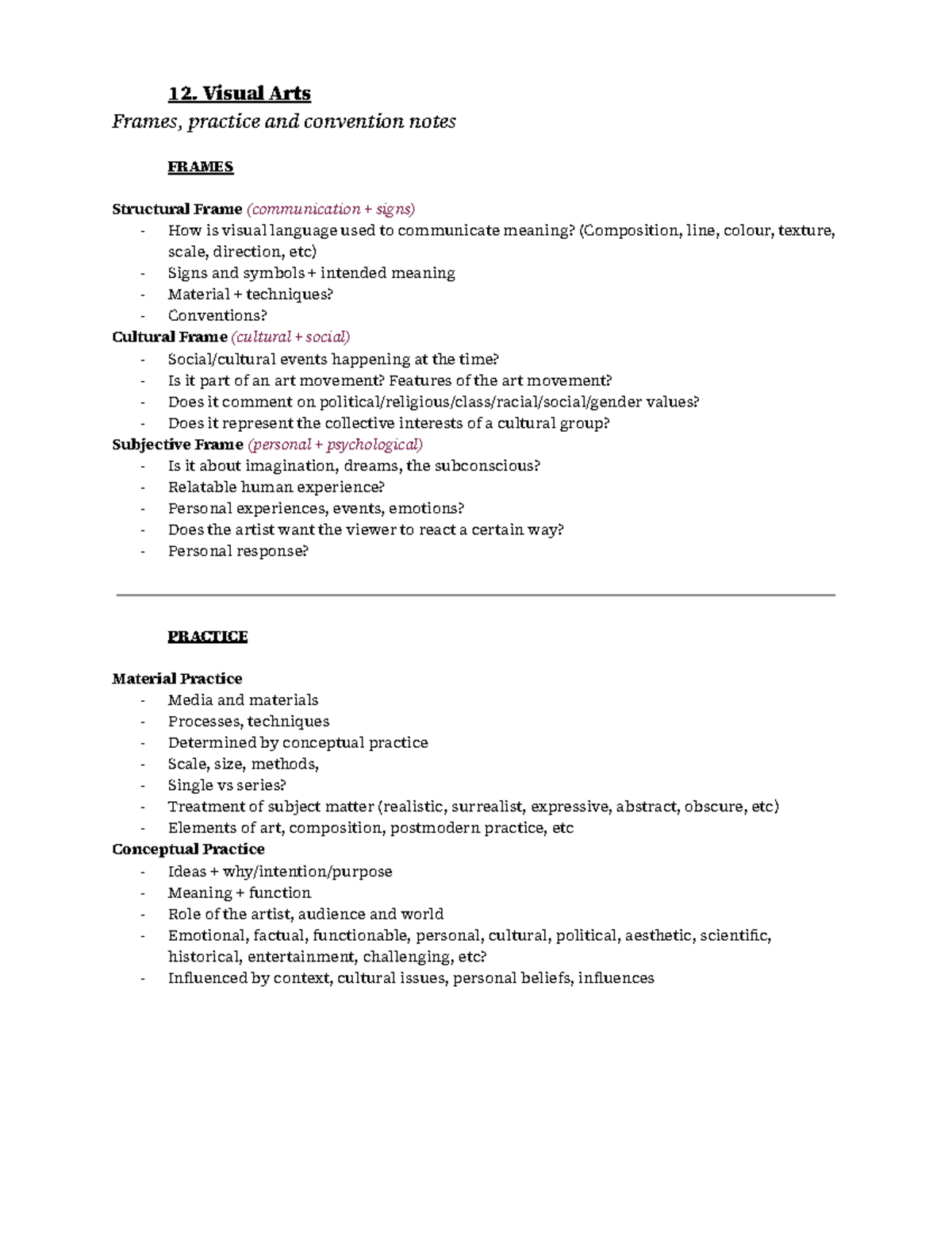 Visual Arts Notes - Frames, practice, conventions - 12. Visual Arts ...