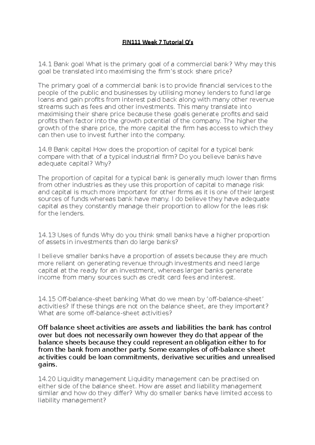 FIN11 Week 7 tutorial questions - FIN 111 - UOW - Studocu
