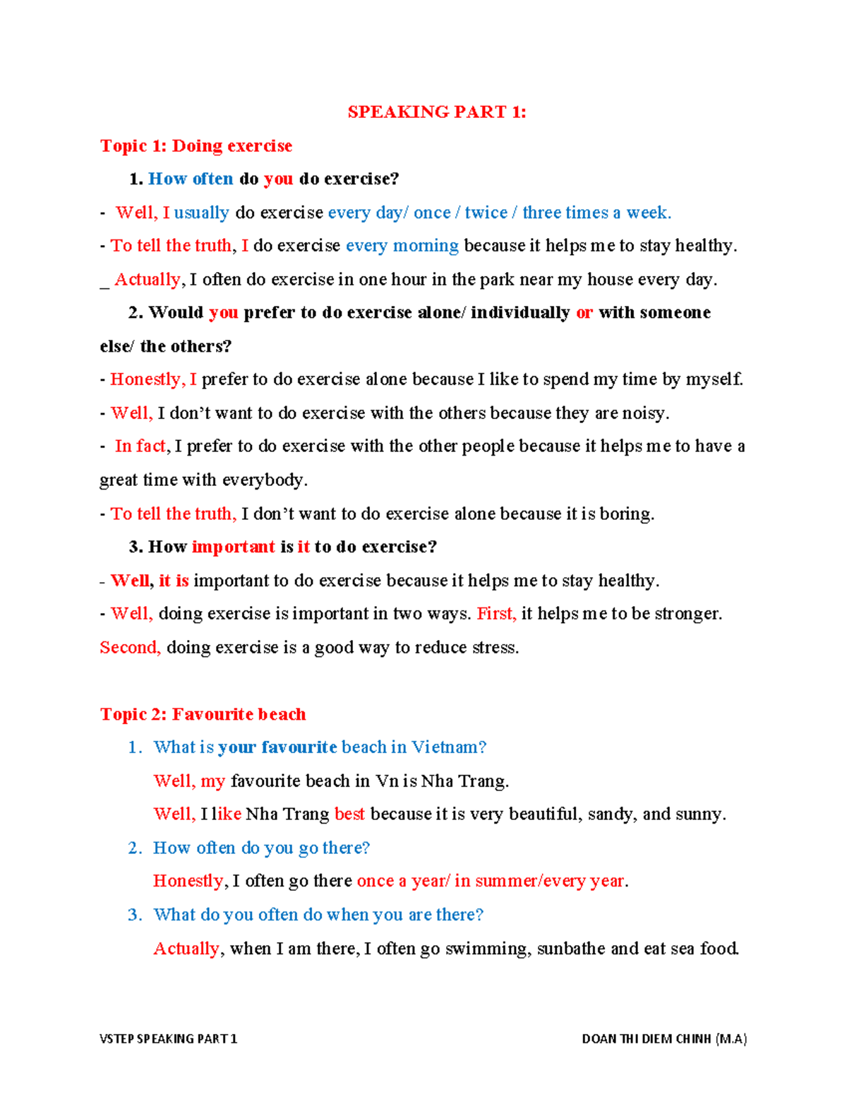 B1 Speaking PART 1 NEW - no description - SPEAKING PART 1: Topic 1 ...