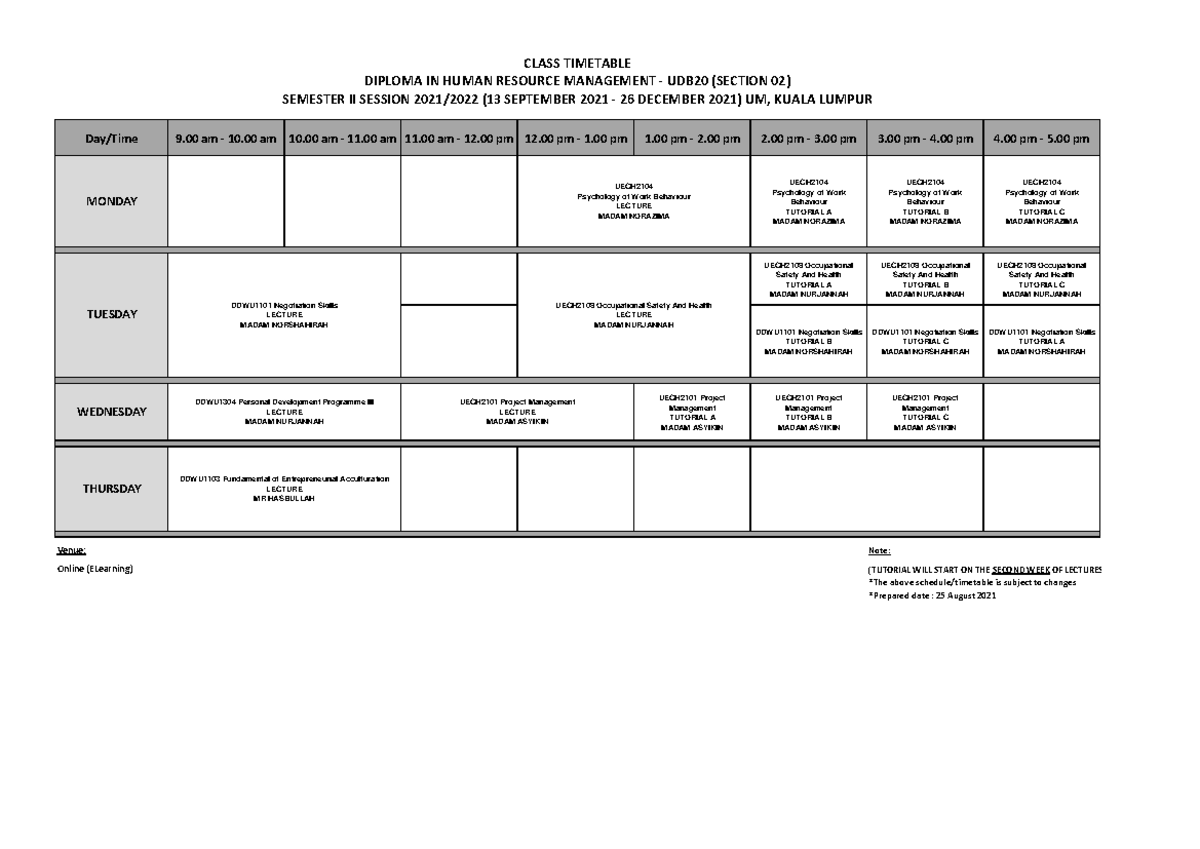 (UDB20 Section 02) Timetable SEM II SESI 2021-2022 - UMKL - Day/Time 9 am - 10 am 10 am - 11 am ...