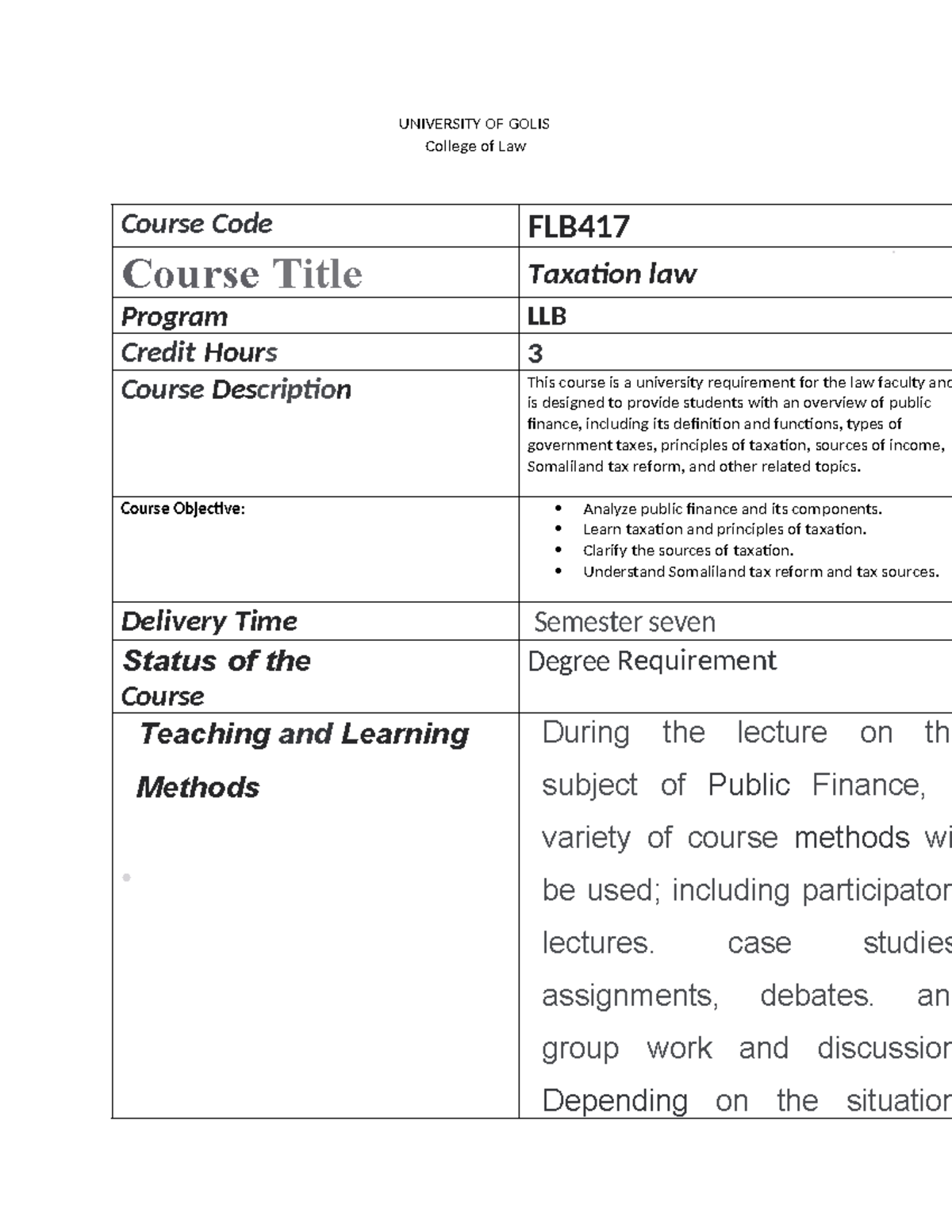 University OF Golis student manual - UNIVERSITY OF GOLIS College of Law ...