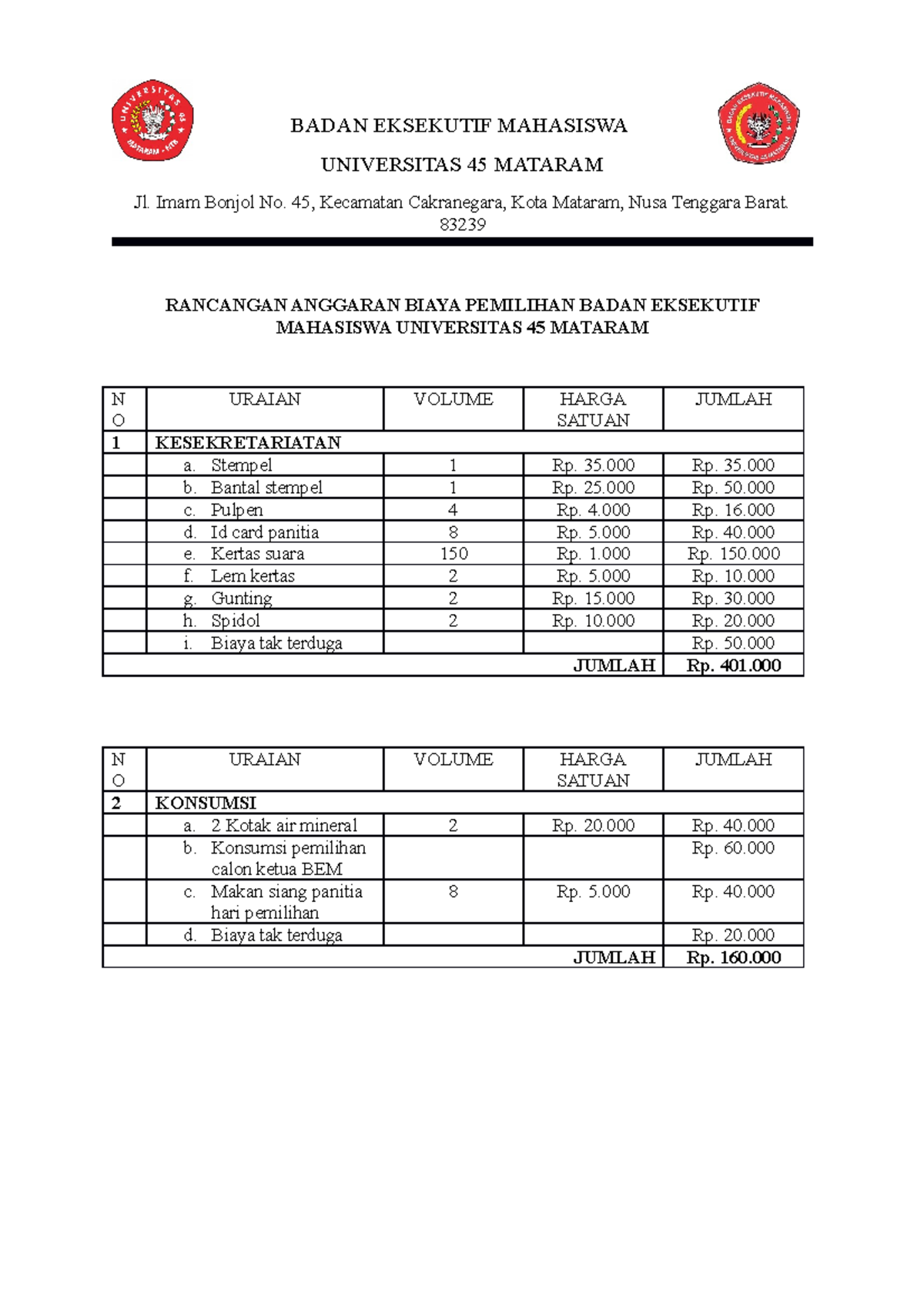 Rab kpu - Contoh RAB - BADAN EKSEKUTIF MAHASISWA UNIVERSITAS 45 MATARAM ...