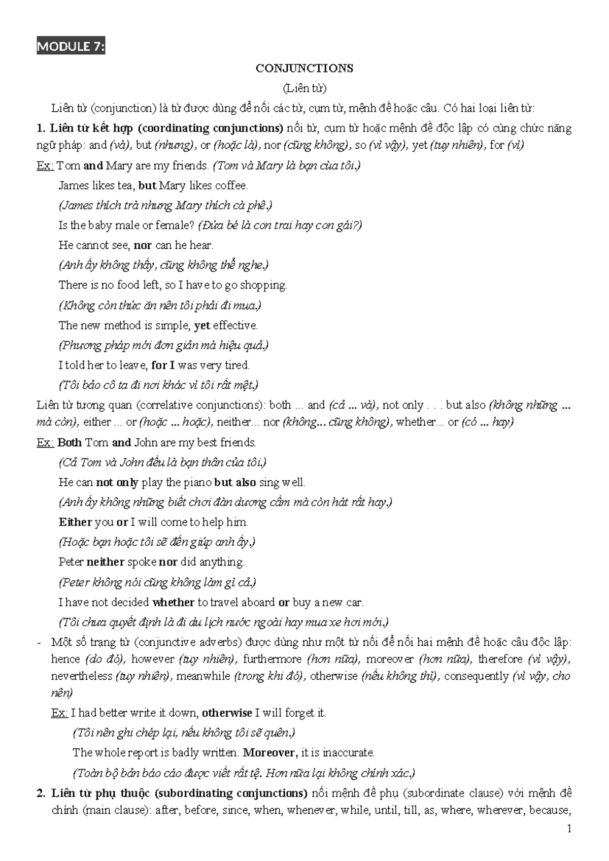 Module 7 LIÊN TỪ - english - MODULE 7: CONJUNCTIONS (Liên từ) Liên từ ...