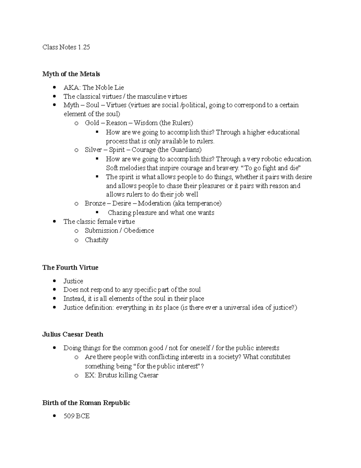 Class Notes 1.25 - Class Notes 1. Myth of the Metals AKA: The Noble Lie ...
