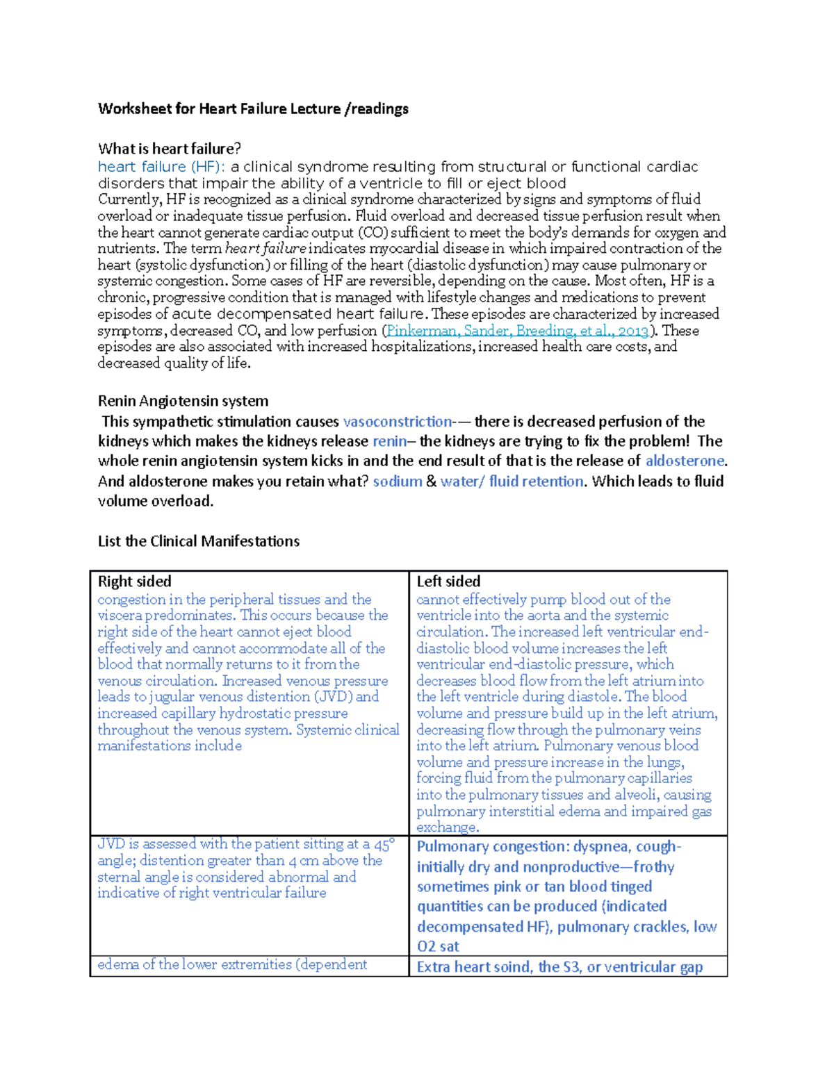HF wksheet - Heart Failure - Worksheet for Heart Failure Lecture ...