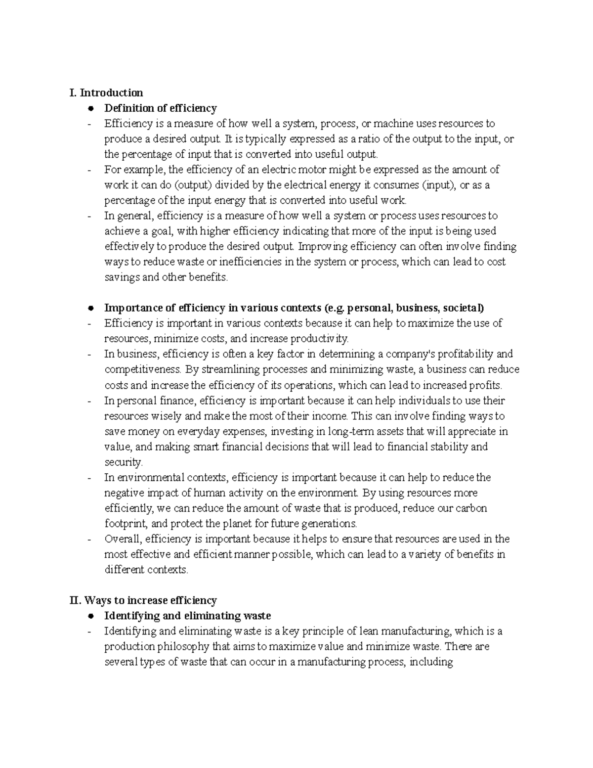 Efficiency Notes - I. Introduction Definition of efficiency ...