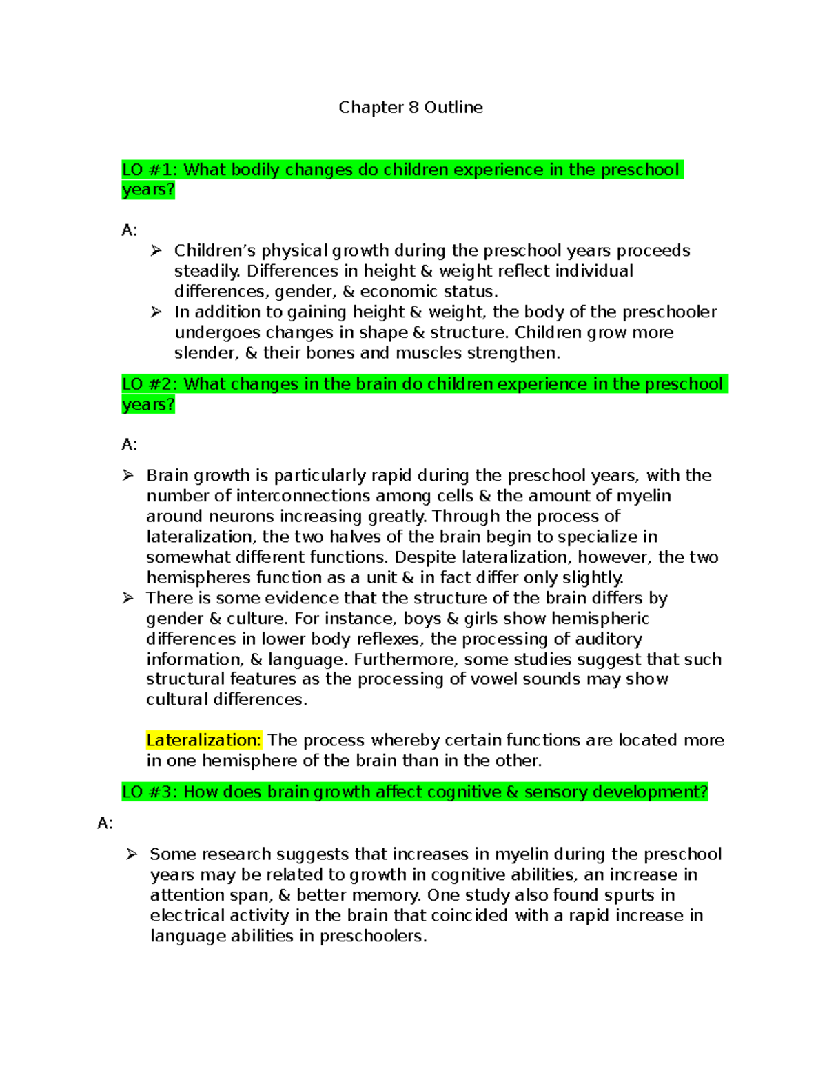 Chapter 8 Outline - Summary Child Development - Chapter 8 Outline LO ...
