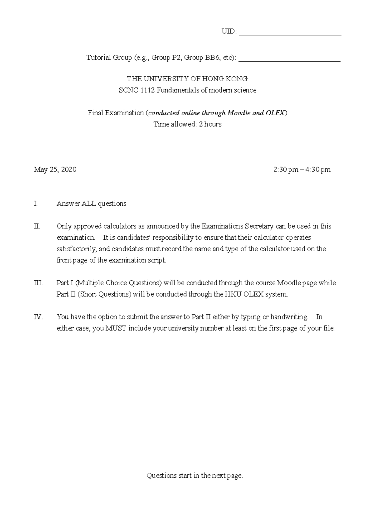 Past Final Examination 2019 20 S2 ques - UID ...