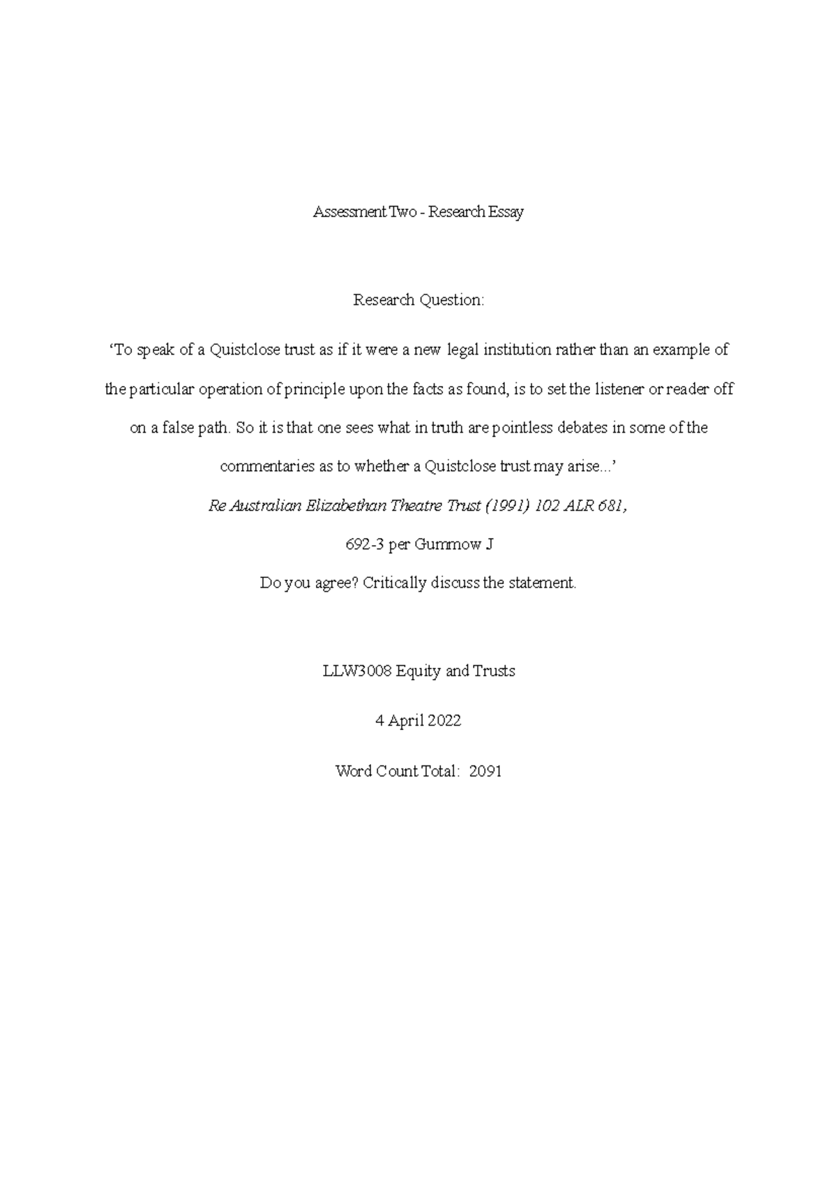 Research Essay - Equity and trusts - Assessment Two - Research Essay ...