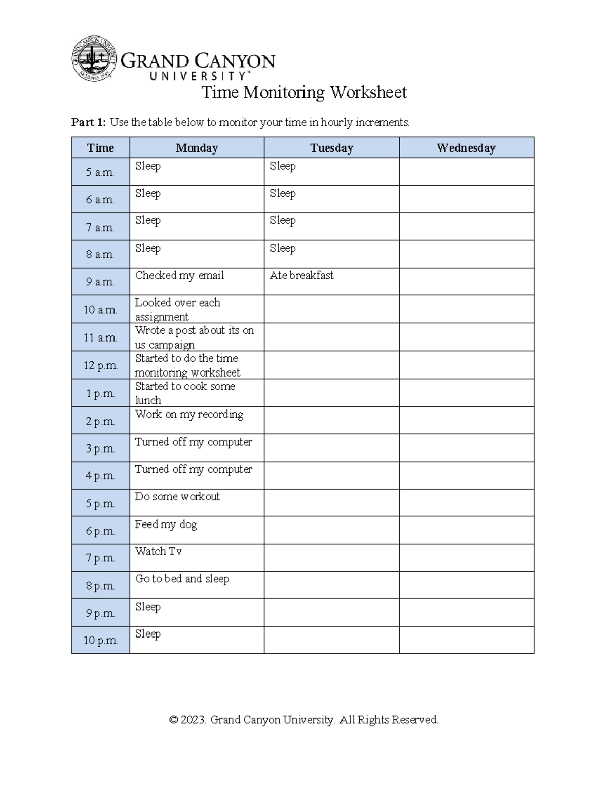 UNV 507 RS Time Monitoring Worksheet - Time Monitoring Worksheet Part 1 ...