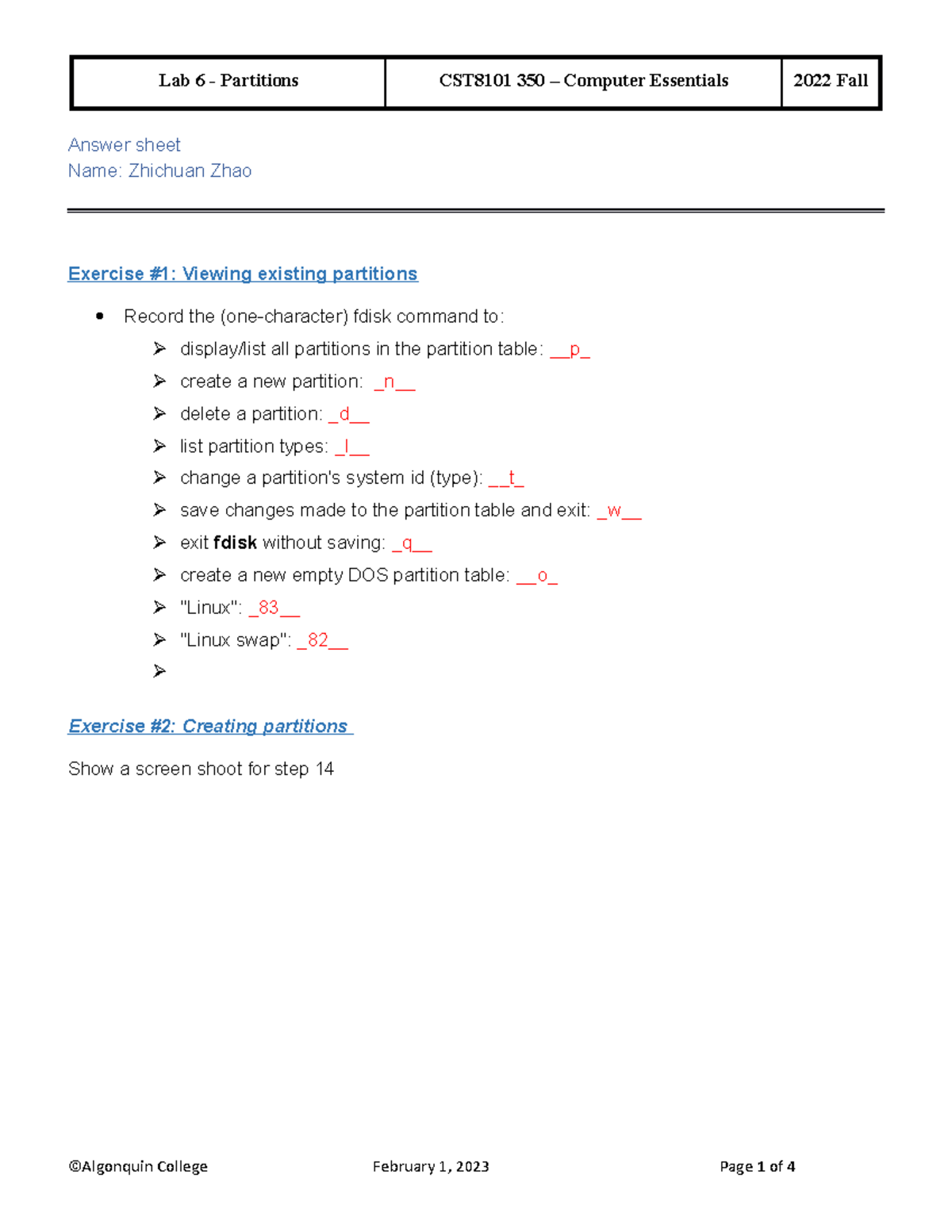 Lab6 Answer sheet - cst8101 basic knowledge. lab practice. - Answer sheet Name: Zhichuan Zhao ...