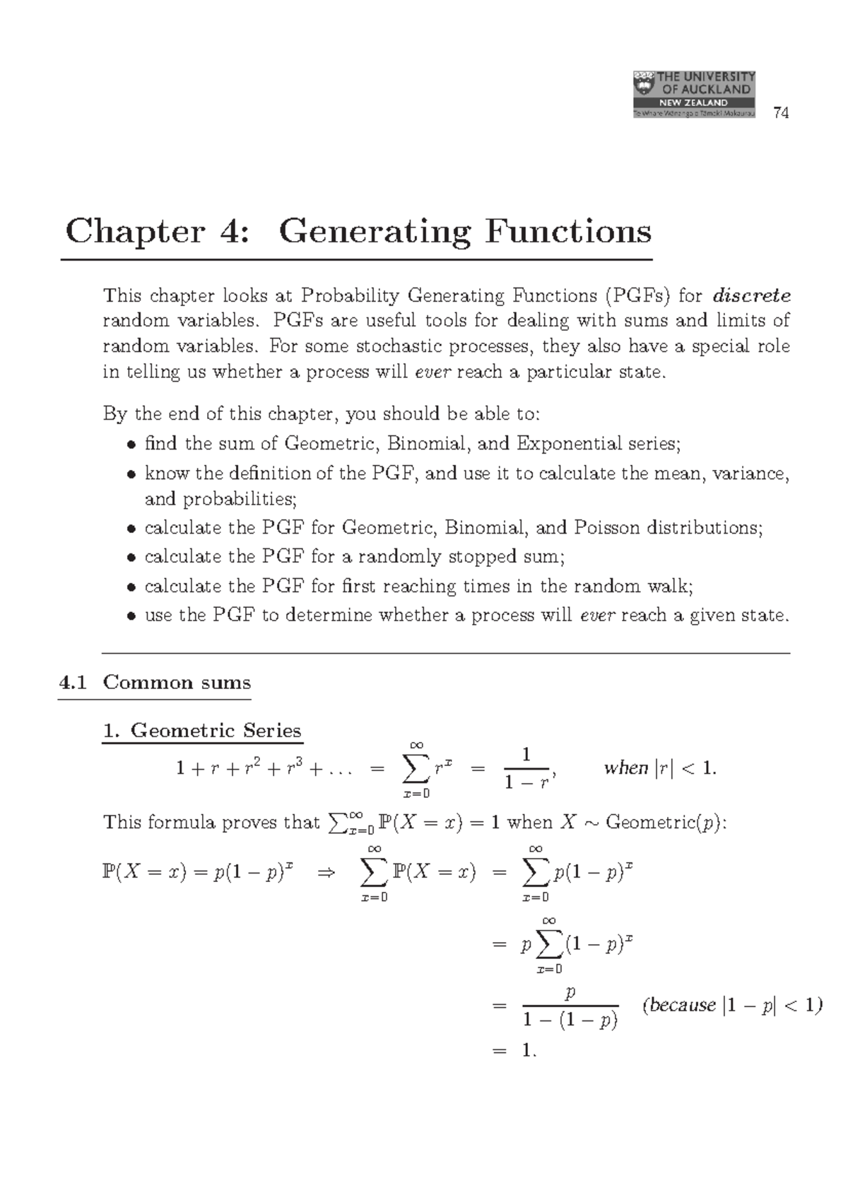 AST 201 Properties of PGF - Chapter 4: Generating Functions This chapter looks at Probability ...