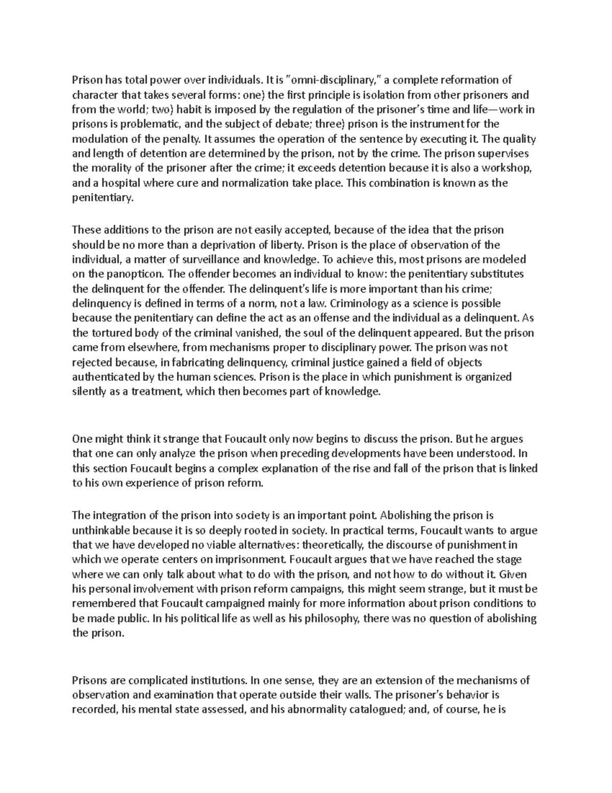 Philosophy 284 - Lecture Notes - Prison has total power over ...