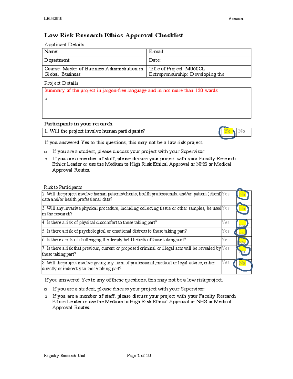 M060EDBP Ethics Sample - 2 Low Risk Research Ethics Approval Checklist ...