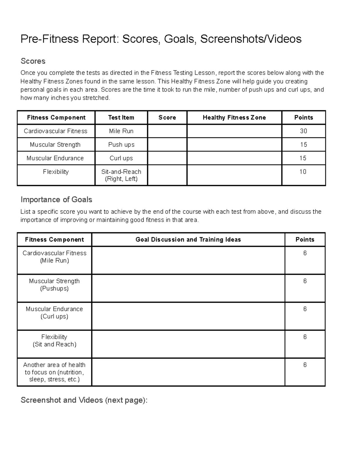 Pre-Fitness Report Scores and Goals - Pre-Fitness Report: Scores, Goals ...