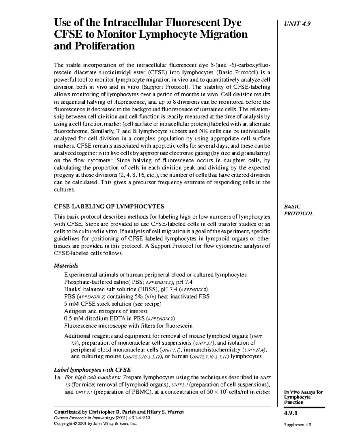 In vivo CFSE 01 - Use of the Intracellular Fluorescent Dye CFSE to ...